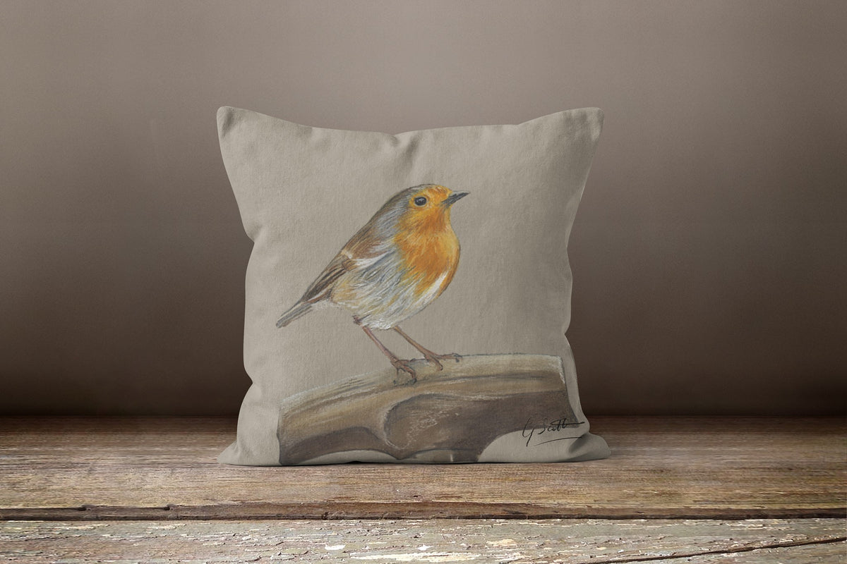 Robin On Spade Garden Bird Square Cushion – Grace Scott Art