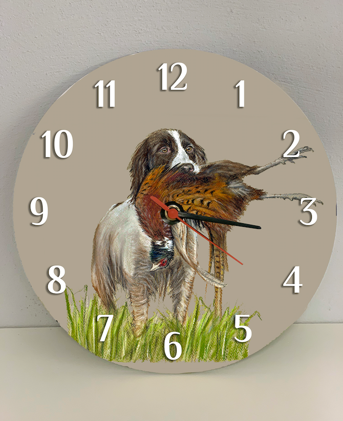 Spaniel With Pheasant Hunting Themed Clock – Grace Scott Art