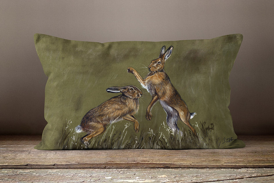 Boxing Hares Oblong Cushion – Grace Scott Art